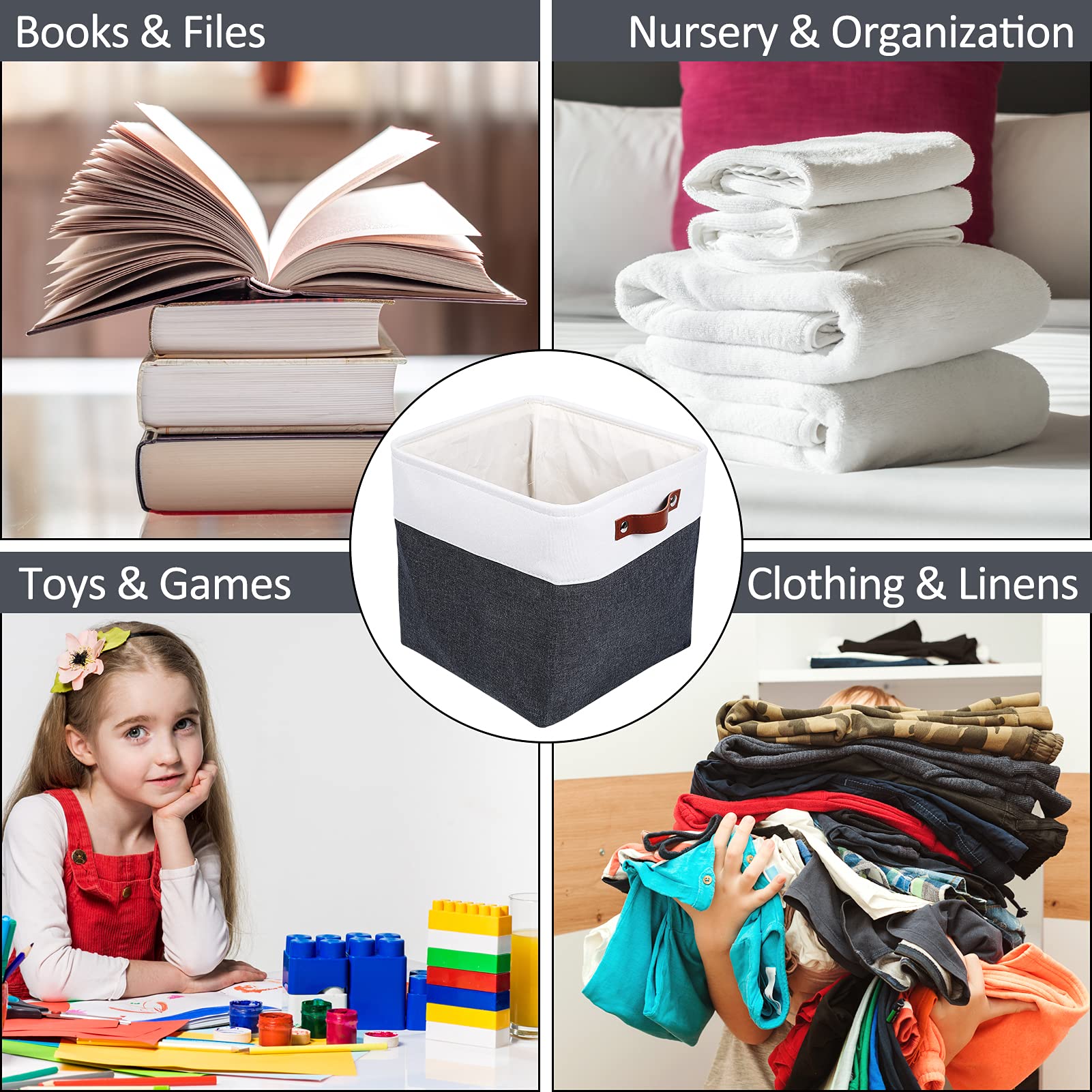 WANMEI Foldable Cube Storage Bins 13x13x13 IN 3 Pack Collapsible Sturdy Cationic Fabric Storage Basket with Leather Handles for Organizing Shelf Nursery Home Closet Office(Grey and White)