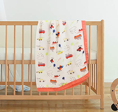Coral Red Muslin Baby Blanket, Ultra Soft Hypoallergenic Baby Quilts, Unisex Baby Swaddle Wrap, Oversized 43 X 45 inchs (Car Bus)