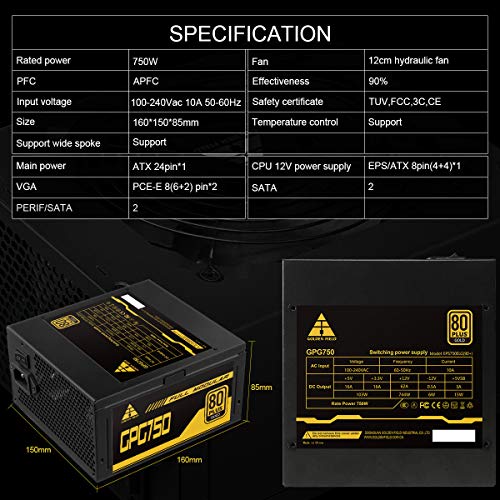GOLDEN FIELD GPG750 Power Supply 750W Full Modular 80+ Gold Certified Computer PC ATX PSU 5 Years Warranty