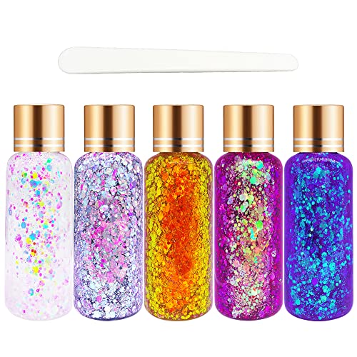 Body Face Glitter Gel SUPGIFT 5 Colors 7.8oz Holographic Chunky Chameleon Liquid Glitter Sequins Glue for Makeup Eyeshadow Hair Nail Slime Craft Resin with Spoon