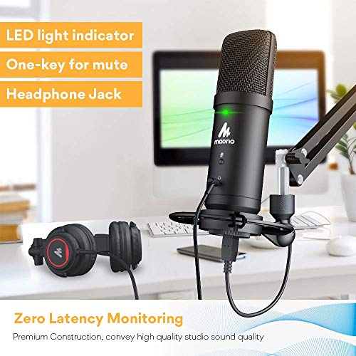 MAONO USB Podcast Microphone with Headphone Set, Zero-Latency Monitoring Computer Condenser PC Mic 192KHZ/24Bit with Mute Button for Recording, Voice Over, Streaming(AU-PM401H)