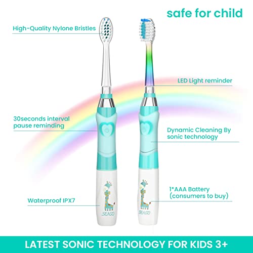 SEAGO Kids Electric Toothbrushes, Battery Powered Children Toothbrush with 2 Mins Timer and LED Light, Soft Kids Tooth Brush Sonic Toothbrush for Boys Girls Ages 4+ (Green)