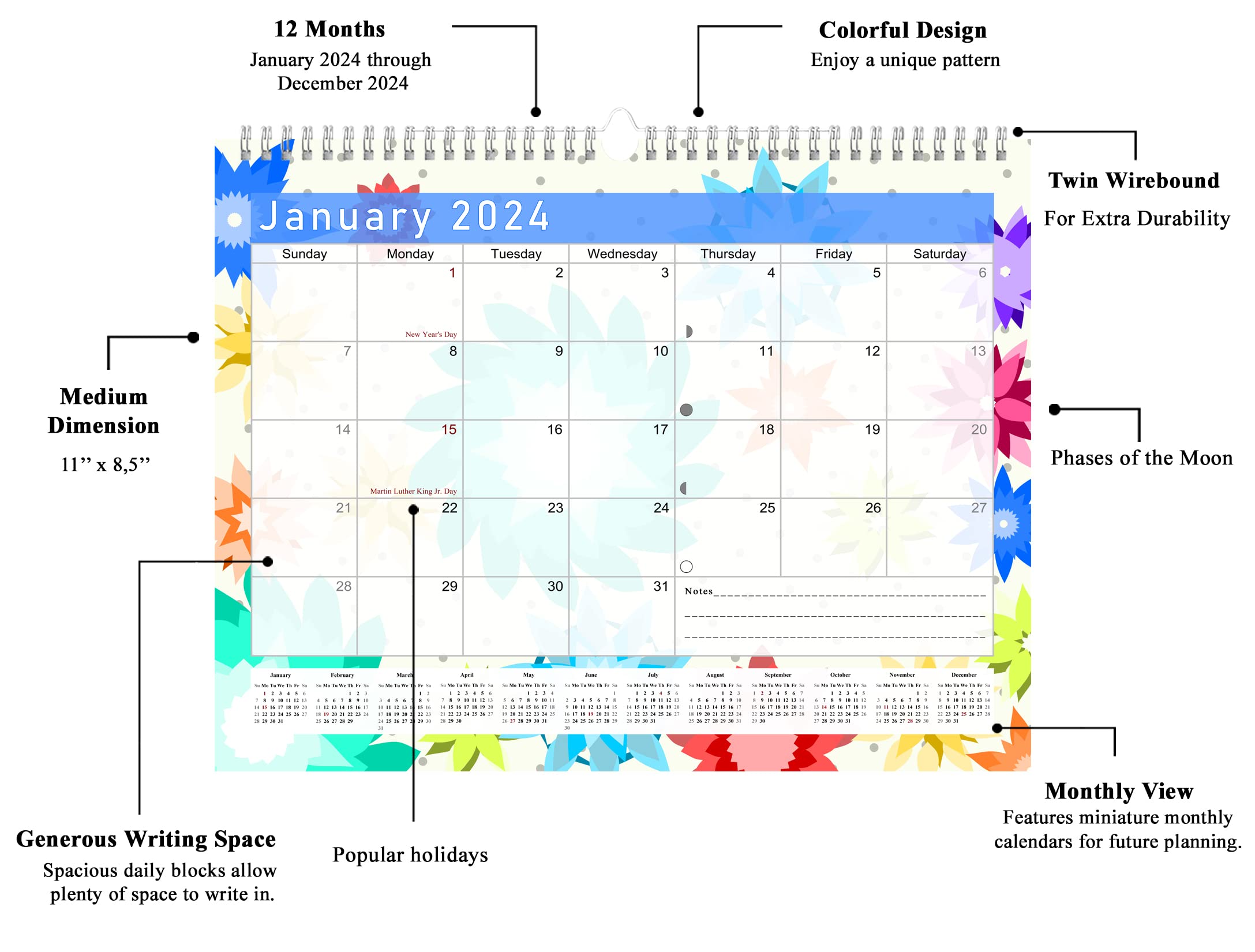 2024 Monthly Spiral-Bound Wall/Desk Calendar - 12 Months Desktop/Wall Blotter Calendar/Planner - (Edition #01)