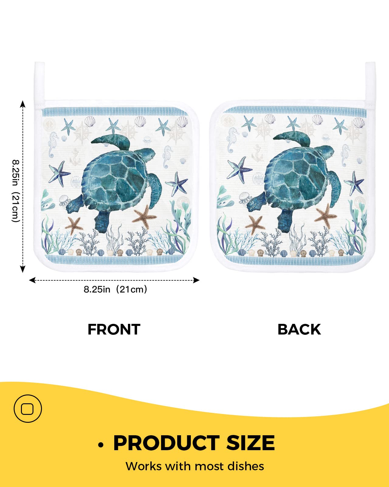 2 Pack Pot Holders Heat Insulation Potholder, Sea Turtle Hot Pads Multipurpose Oven Pads Terry Cloth Potholders for Kitchen Cooking Baking Dining Table Ocean Themed Starfish Seaweed