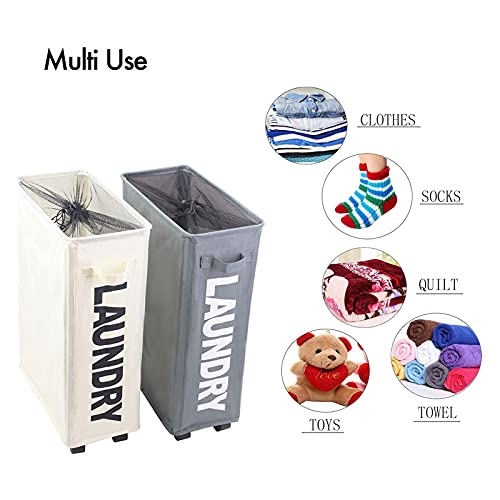 Mziart 22" Rolling Laundry Baskets on Wheels, Collapsible Slim Laundry Hamper Canvas Flexible Laundry Bag Storage Bin Organizer Dirty Clothes Sorter for Laundry Room Organization and Storage (Grey)