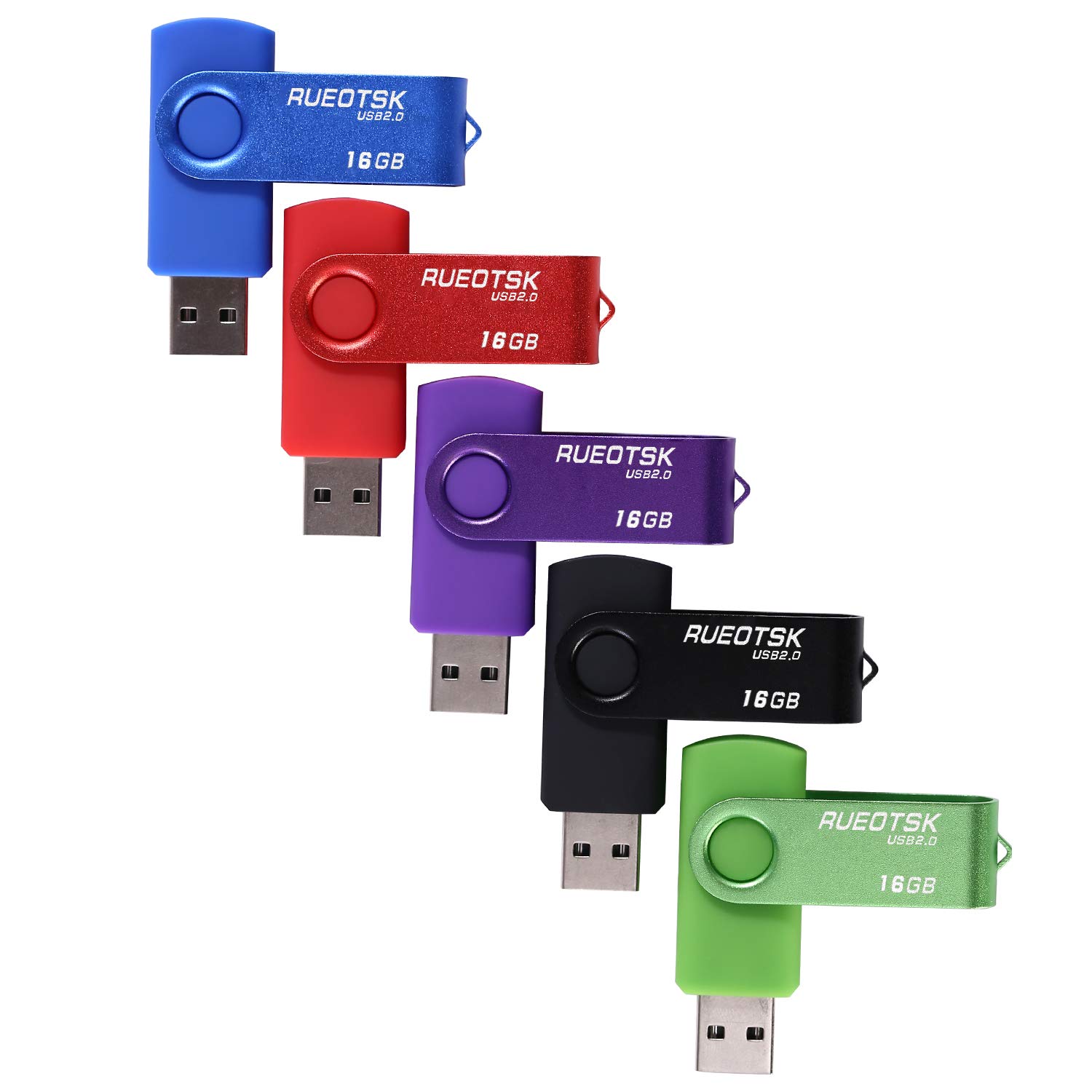 RUEOTSK USB Flash Drive 5 Pack 16GB Rotatable USB 2.0 Pen Drive Flash Memory Drive (Blue Red Purple Green Black) (XZ-5PCS-16G-002)
