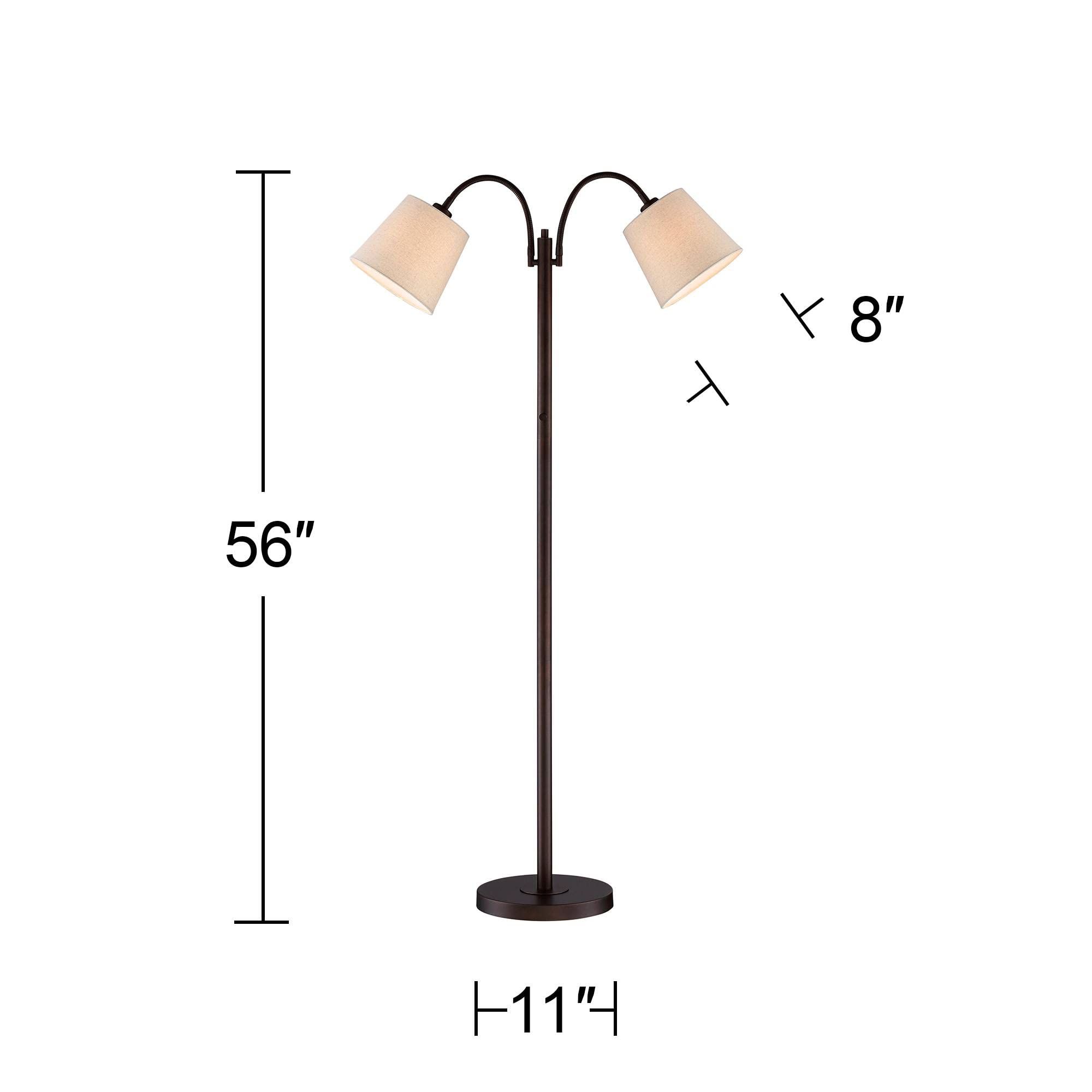 360 Lighting Seneca Modern Standing Floor Lamp 56" Tall Dark Bronze Brown Twin Arm Adjustable Gooseneck Neutral Cotton Drum Shade for Living Room Reading House Bedroom Home