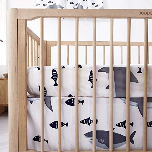 Brandream Crib Sheets Boys Cotton Baby Crib Sheets 2 Packs Toddler Sheets, Coastal Nautical Ocean Shark Fish Pattern, Navy Blue & White