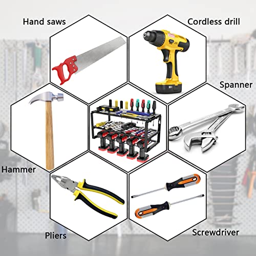 BaiYuan Power Tool Organizer with 5 Drill Holder, Wall Mount Garage Tool Organizers and Storage Rack, 3 Layers Heavy Duty Metal Tool Shelf, Cordless Drill Storage or Drill Charging Station