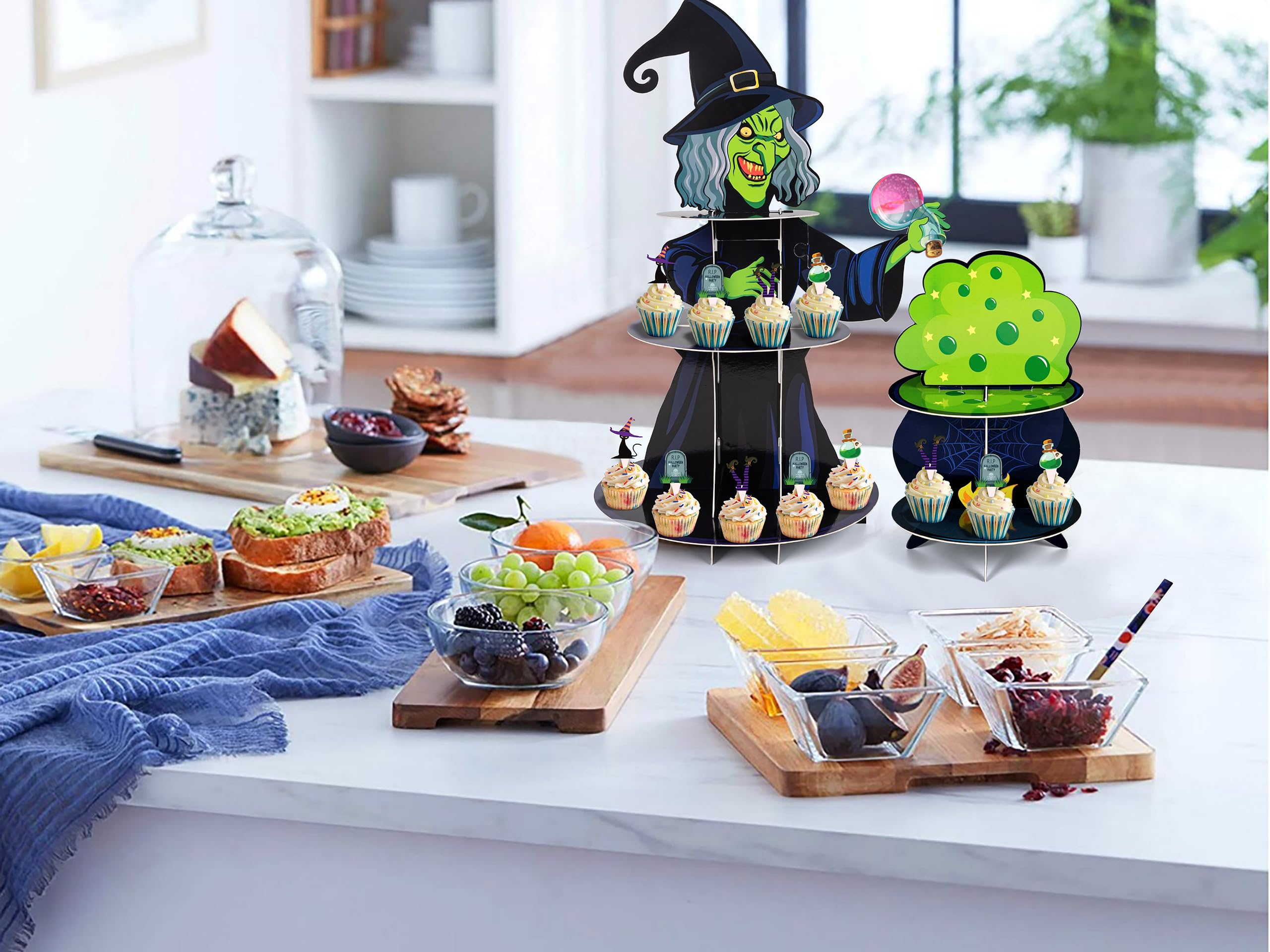 2 Set Halloween Witch Cupcake Stand Decorations, 3 - Tier Cardboard Cauldron Tray Holder Plus 24 Cake Toppers Birthday Party Supplies Decor(Assembly Needed)
