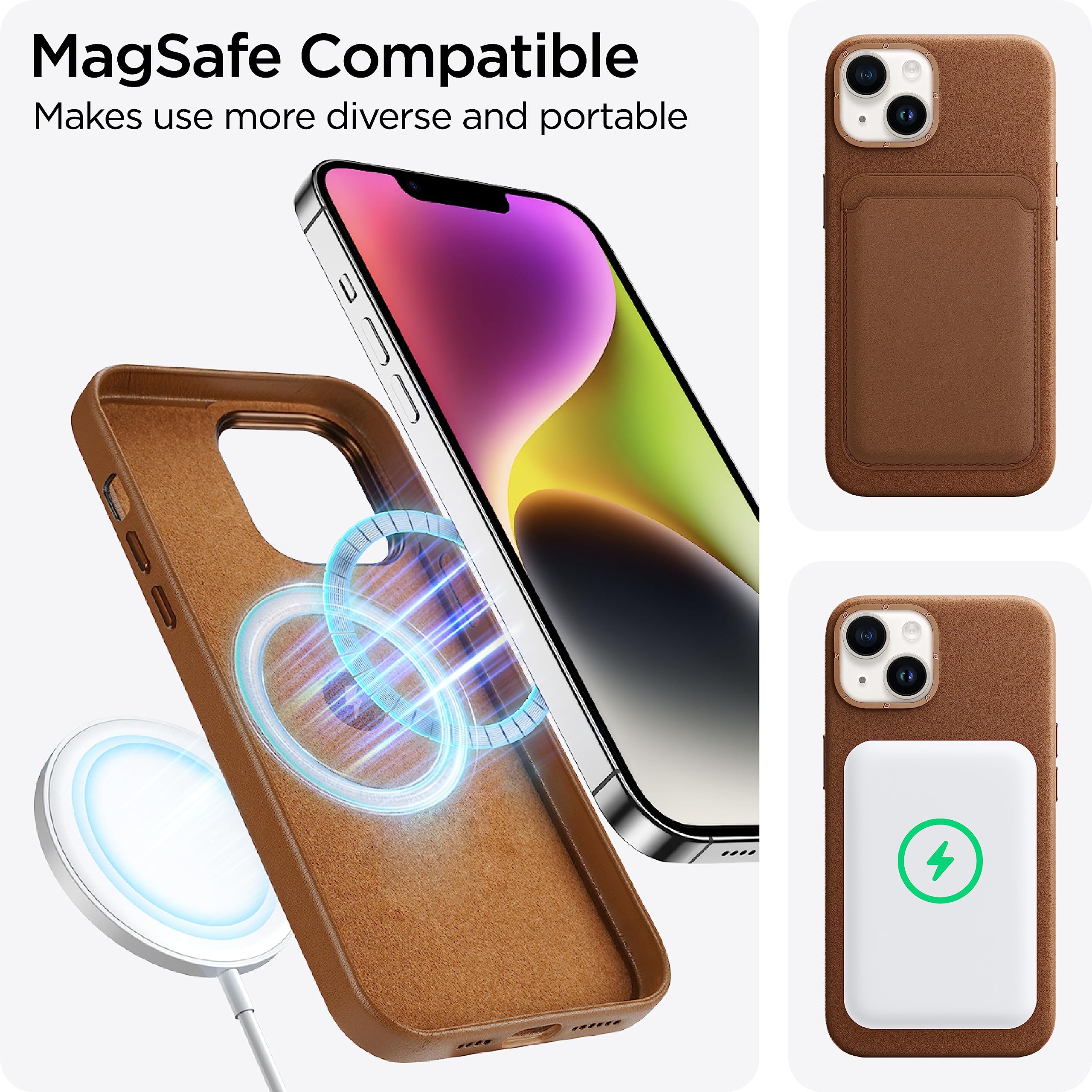 ππππ π‘ππͺ Compatible with both iPhone 14 & iPhone 13 Leather Case with MagSafe + MagSafe Wallet Bundle - PU Leather iPhone 13 Case & iPhone 14 Leather Case Metal Camera Frame & Buttons (Brown)