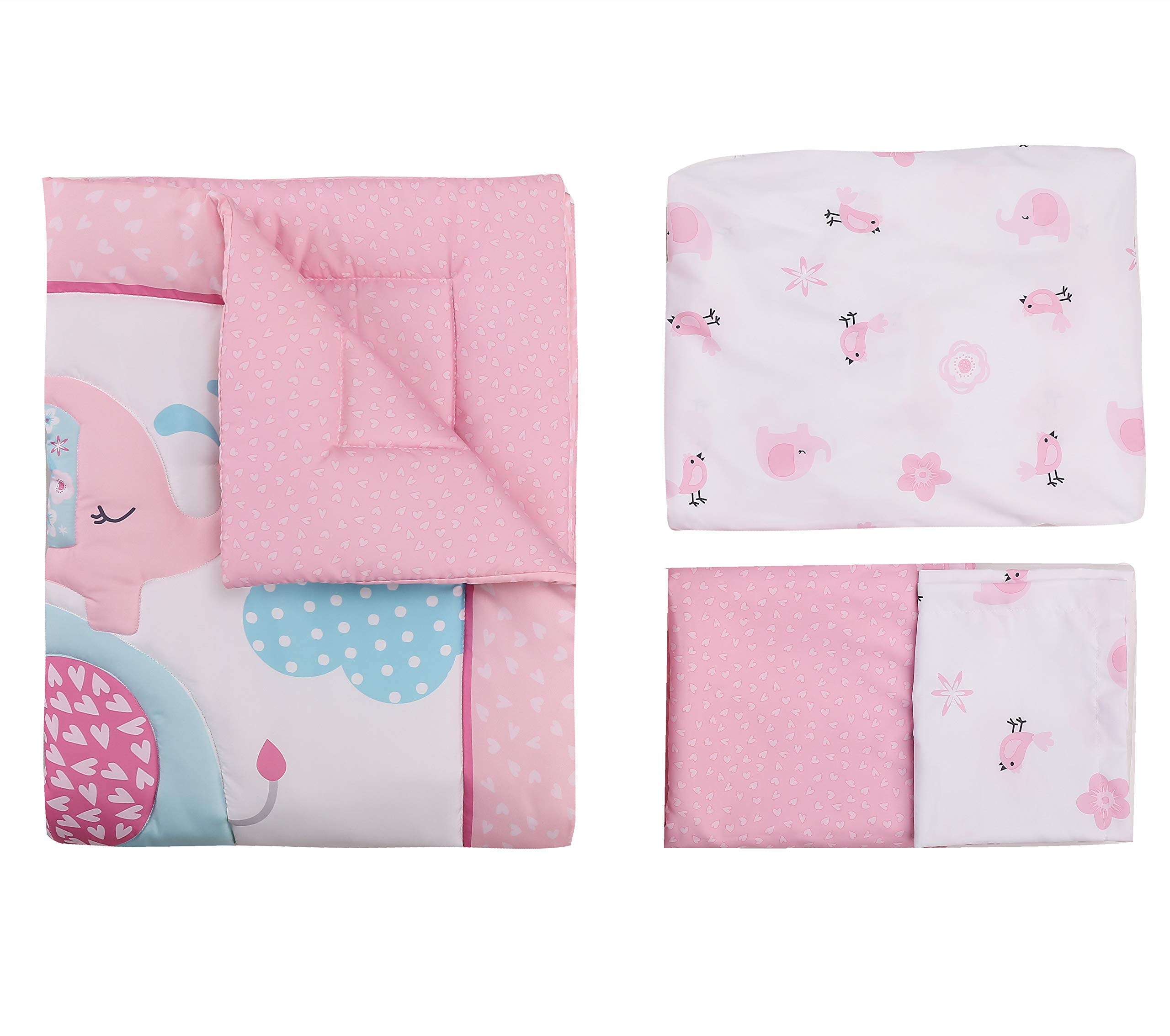 Brandream Pink Grey Elephant Crib Bedding Sets for Baby Girls | 3 Piece Nursery Set | Crib Comforter, Fitted Crib Sheet, Crib Skirt Included with Exotic Floral Design
