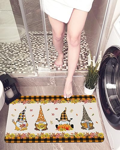 Bathroom Floor Shower Mat, Non-Slip Small Rugs - Easy to Clean, Happy Thanksgiving Day Dwarf Gnome with Pumpkin Sunflower Durable Bath Rug 18"x30" Washable Quick Dry Mats for Bathtubs
