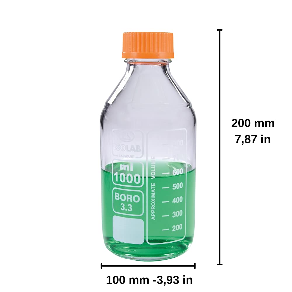 ISOLAB USA – Round Media Storage Bottle, 1000ml, with GL 45 Screw Cap, Borosilicate 3.3 Glass, Pack of 2