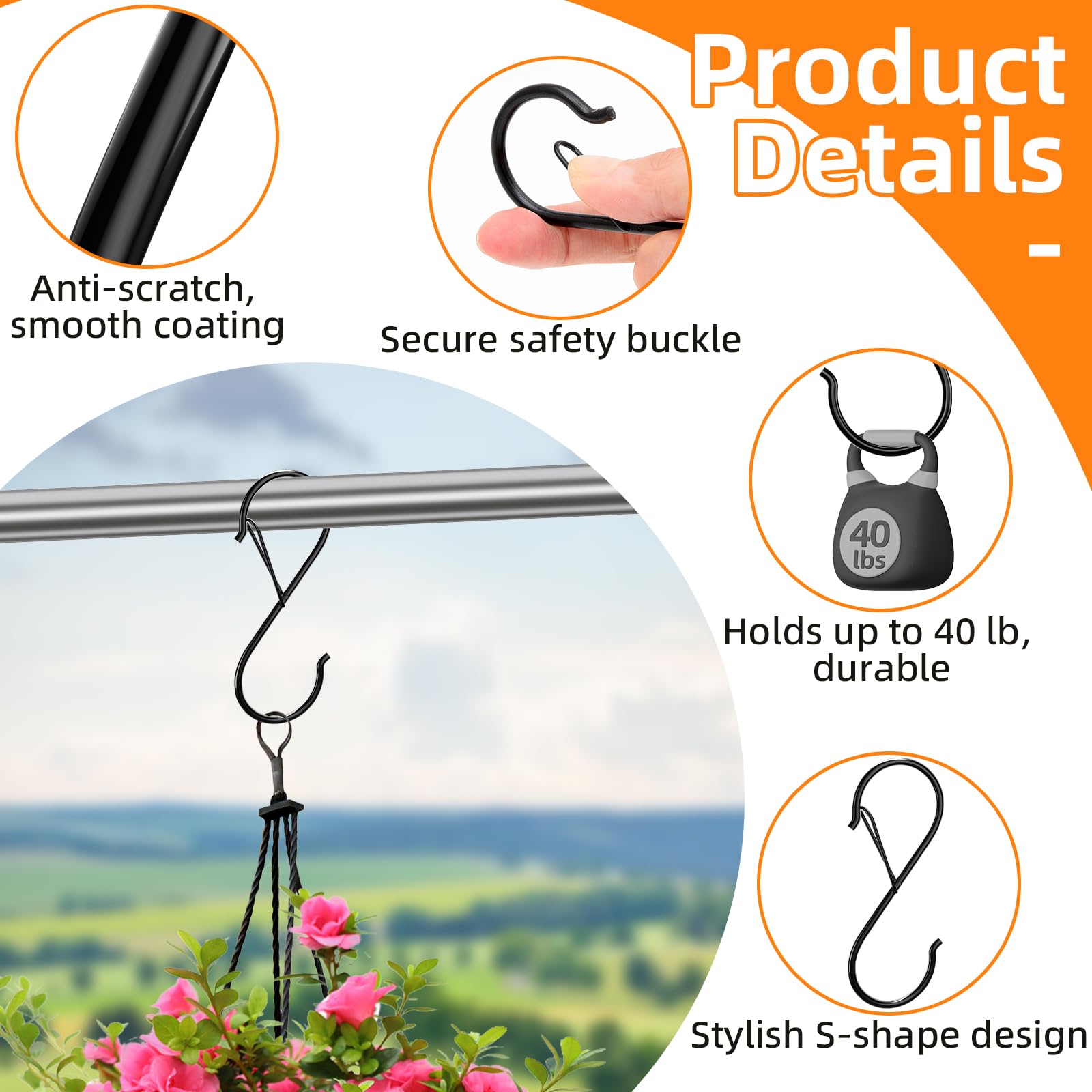 8 Pack S Hooks - 3.5 Inch Heavy Duty S Hooks for Hanging, Small Metal Hooks with Safety Buckle, Max Weight 40 lbs, S Hooks for Hanging Plants, Closet, Clothes, Kitchen, Garden, Indoor Outdoor Black