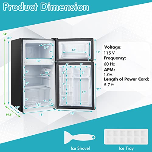 COSTWAY Compact Refrigerator, 3.2 Cu.Ft. Fridge Freezer Compartment with Reversible 2 Door, Adjustable Thermostat, Removable Glass Shelves, Mini Refrigerator for Bedroom Dorm Apartment Office, Silver