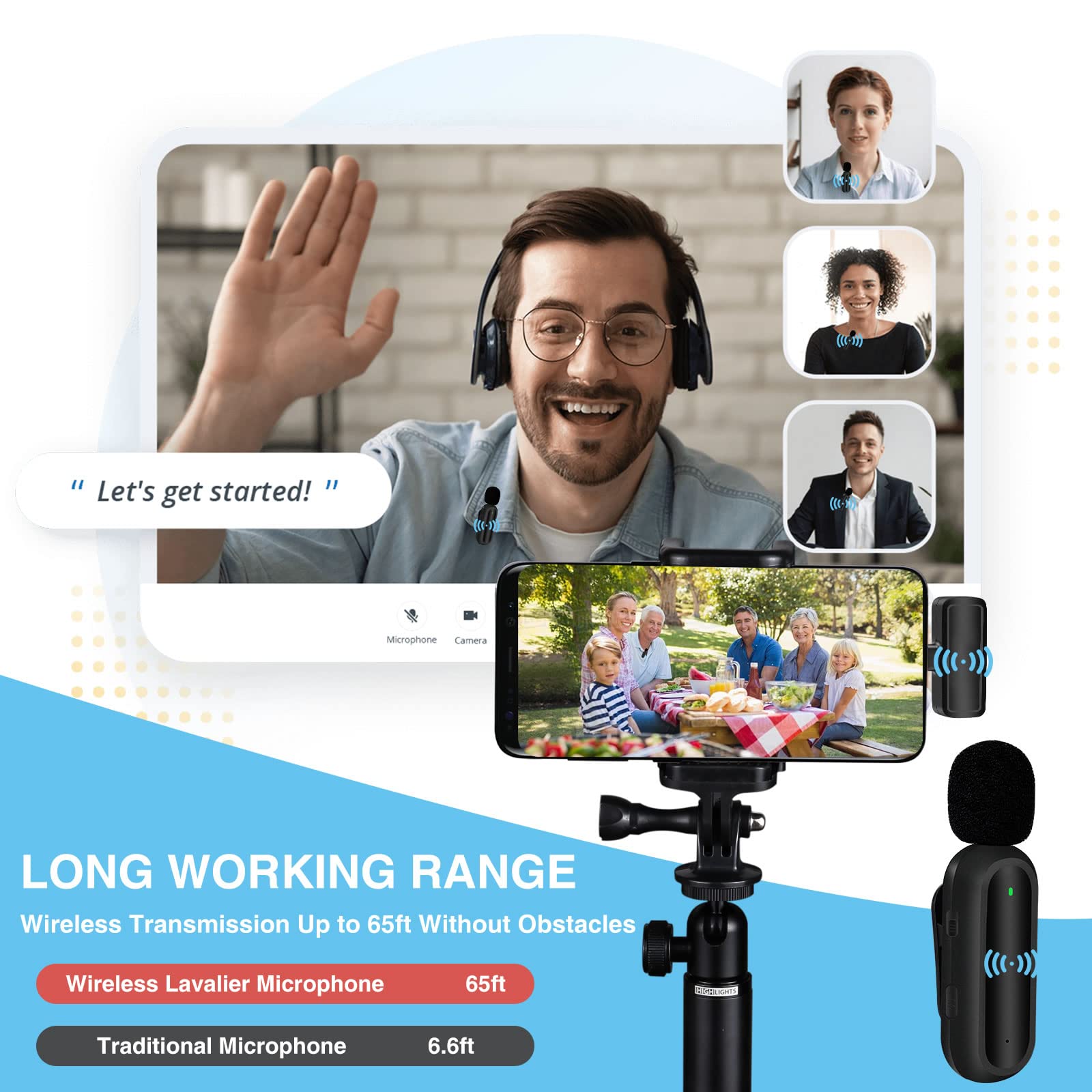 2Pack Wireless Lavalier Microphone with Charging Case for iPhone iPad 2.4GHz Plug & Play Lapel Mic Auto-sync Noise Reduction Wireless Microphone for Recording, YouTube, TikTok, Facebook Live Stream