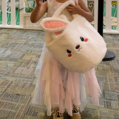 Bunny Easter Basket for Kids, Cute Plush Empty Bucket with Foldable Ears and Handle Egg Hunt Tote Candy Bag Basket for Boy Girl Teens Gift, Easter Basket Decor White 9×9 Inch