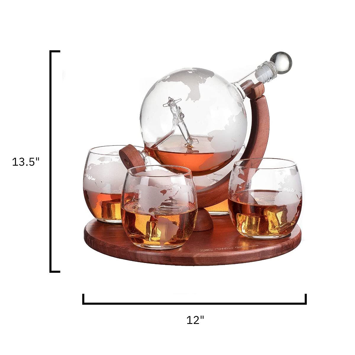 Etched World Decanter whiskey Globe - The Wine Savant Whiskey Gift Set Globe Decanter with Antique Airplane, Whiskey Stones and 4 World Map Glasses, Pilot Gift - Alcohol Related Gift, HOME BAR DECOR