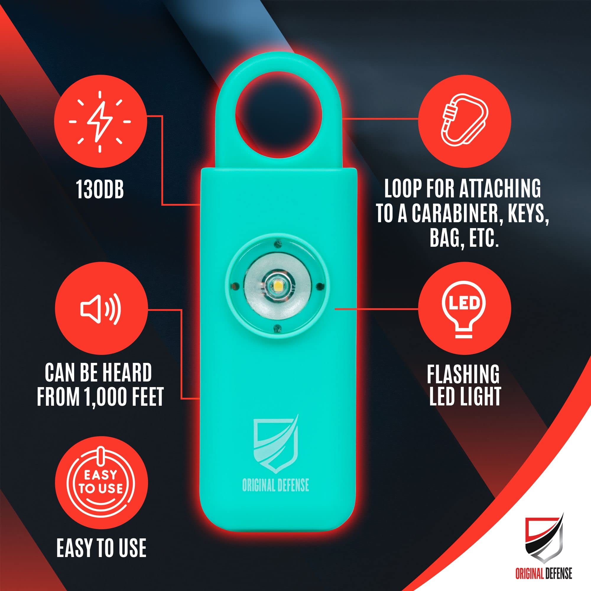 Original Defense® Siren Self-Defense Alarm (Mint) - 130 dB Keychain Alarm with LED Strobe Light for Women, Children, and Elderly - Police Recommended