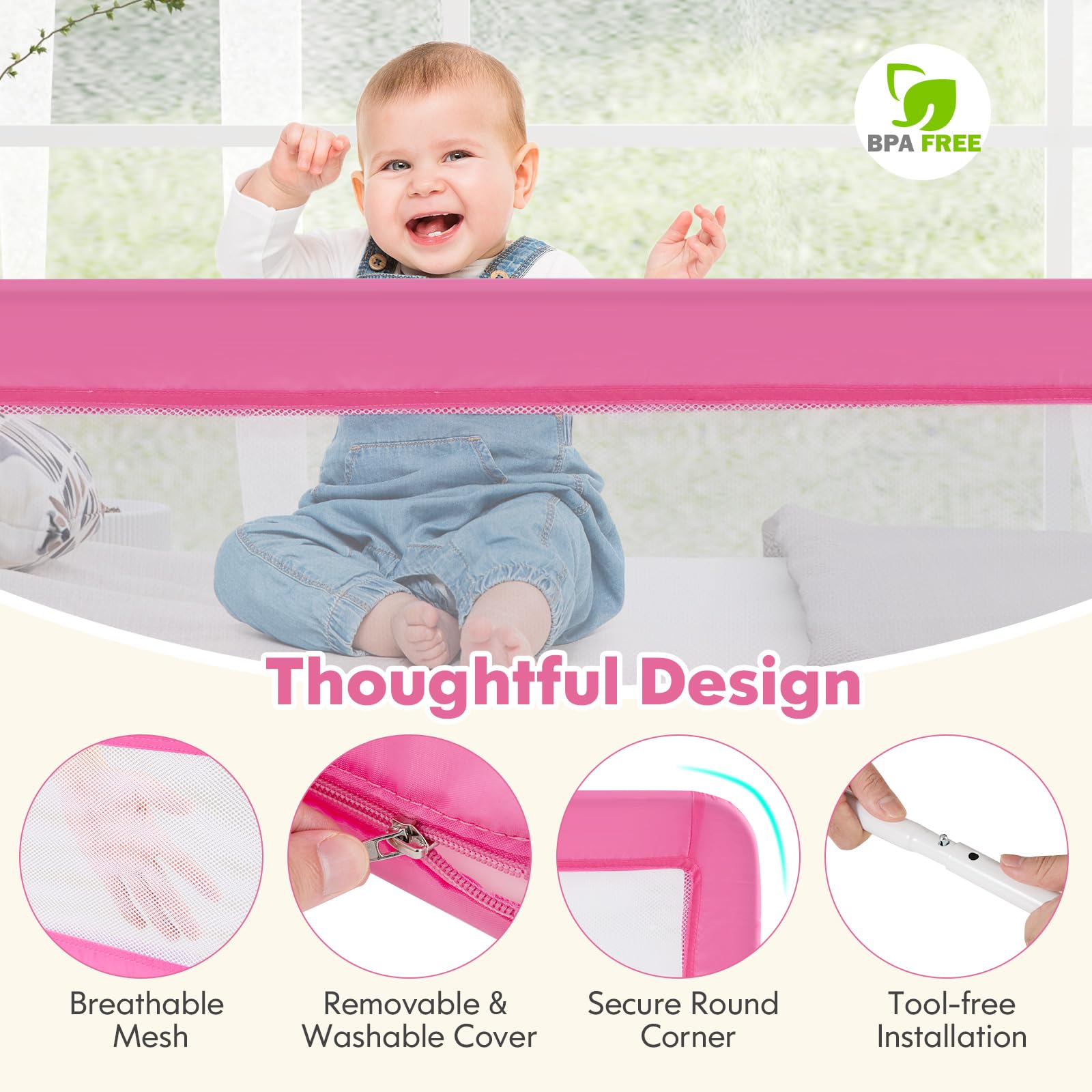 Costzon Bed Rail for Toddlers, 2 PCS Extra Long Swing Down Safety Bed Guards w/Straps for Convertible Crib, Kids Twin, Double, Full Size, Queen & King Bed, Folding Bed Rails for Baby (59-Inch, Pink)