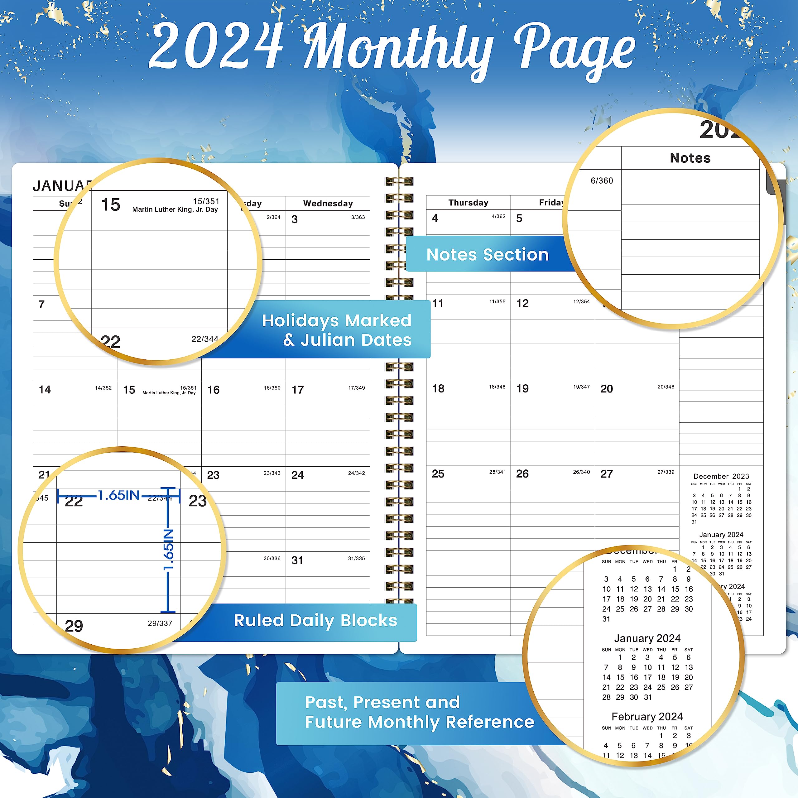 2024 Appointment Book - 2024 Daily Hourly Planner, 8" x 10", January 2024 - December 2024, Appointment Book 2024 with 30-Minute Interval + Thick Paper + Twin-Wire Binding + Printed Tabs - Indigo