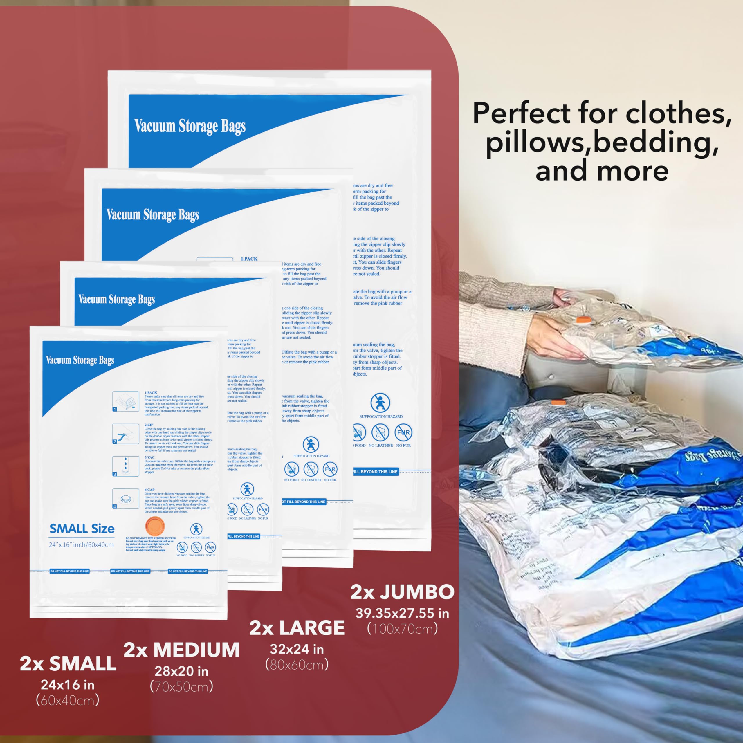8 Pack Vacuum Storage Bags with Electric Air Pump,2 Jumbo,2 Large,2 Midium,2 Small Bags Space Saver Sealer Bags, Airtight Compression Bags for Clothes, Pillows, Comforters, Blankets, Bedding, Clothing