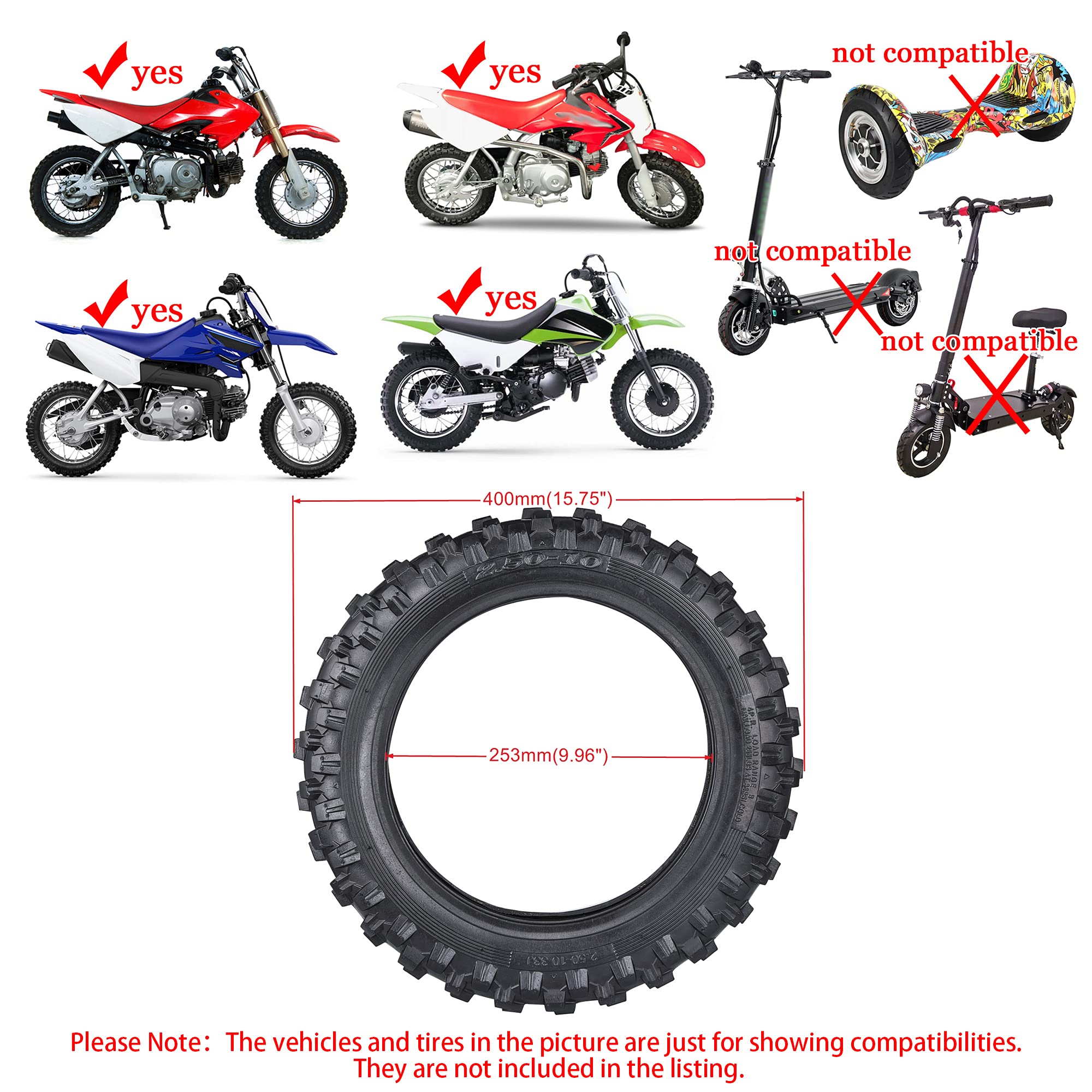 2.50x10 Tires 4 PR 33L& 2.5-10 Inner Tubes Replace 10 in Rim Off Road Motorcycle Dirt Bike PW50