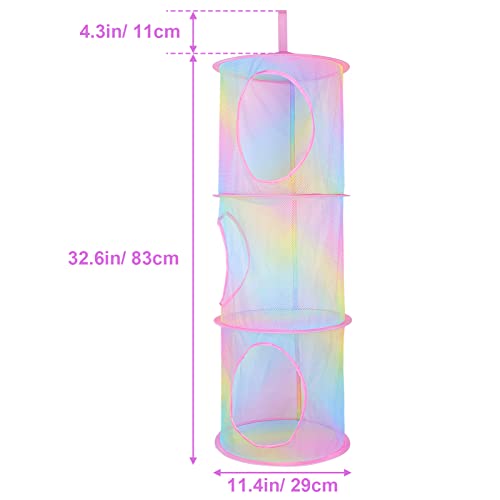 Basumee Stuffed Animals Net or Hammock 2Pcs Hanging Stuffed Animals Storage 3 Compartments Toy Net Hammock for Stuffed Animals Organizer Mesh Stuff Animals Hammock for Kids Girls Room, Rainbow