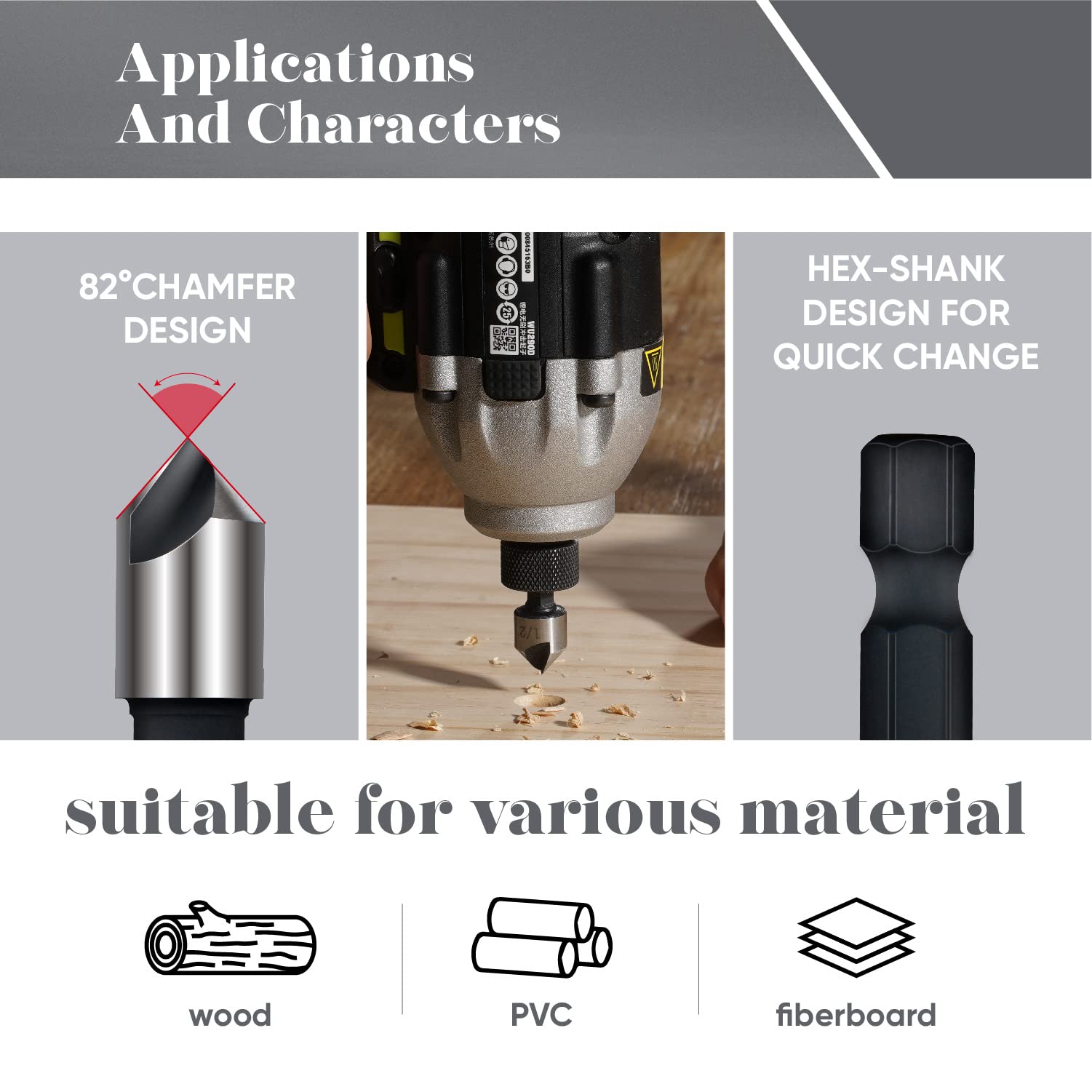 amoolo Countersink Drill Bit Set 4pcs (1/4”-1/2”), Countersink Bits for Wood, Hex-Shank Quick Change 82 Degree Counter Sinker Drill Bit for Woodworking, Fiberboard, Plywood, Plastic, PVC