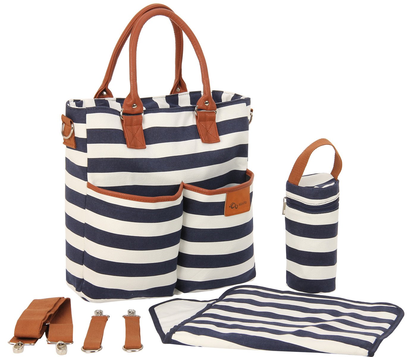 Designer Canvas Stylish Diaper Bag - With 2 Bonus Items: Changing Pad + Bottle Holder