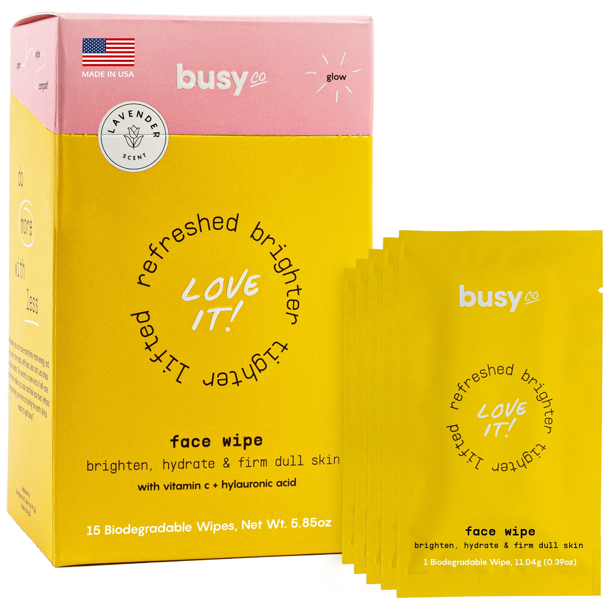 Glow Line Facial Cleansing Wipes - Moisturizing Travel Wet Wipes, Moist Towelettes Individually Wrapped w/Lavender Rose Scent - Organic Wipes & Face Wash Cloth w/Vitamin C & Hyaluronic Acid - 15 ct