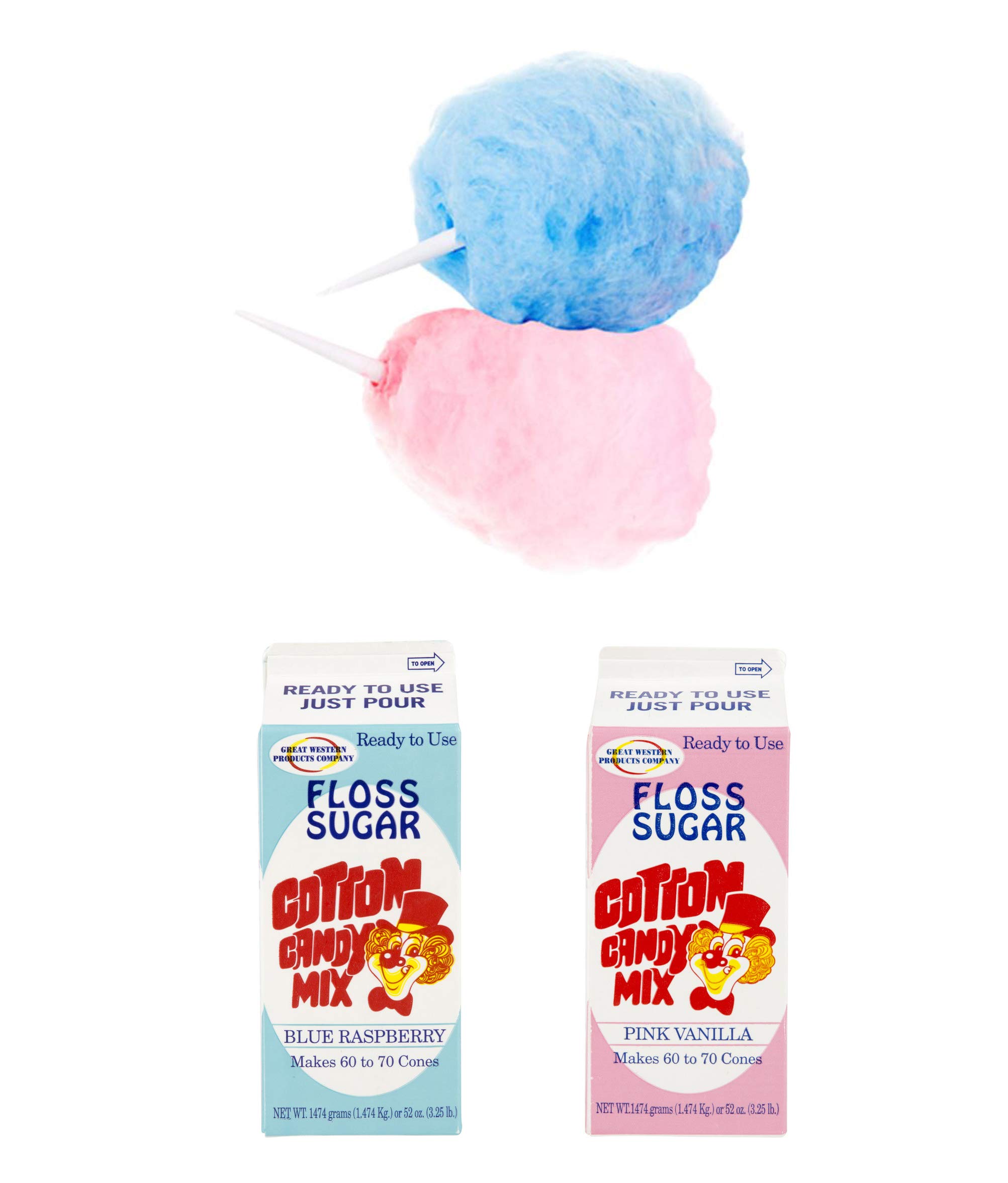 Cotton Candy Set- Includes 1 Carton Each Blue Raspberry and Pink Vanilla - Also Includes 100ct Cotton Candy Cones