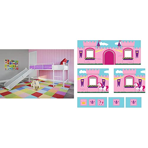 DHP Junior Twin Metal Loft Bed with Slide, Multifunctional Design, White with White Slide AND DHP Curtain Set for Junior Loft Bed with Princess Castle Design
