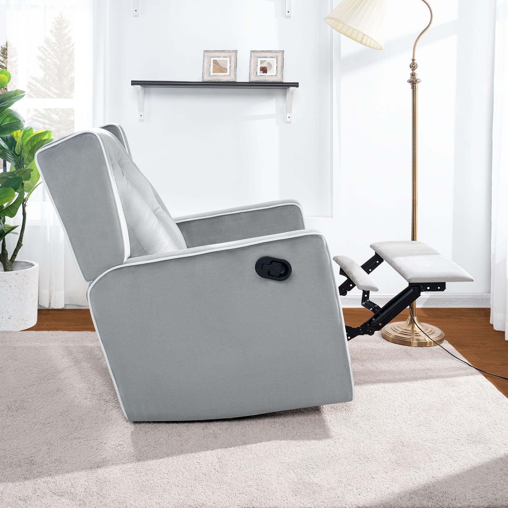 Bond with Your Baby, Relax in Style with Odelia 360° Swivel Glider Rocker Recliner, Nursery Chair with Manual Puller, Plush Cushioning, Soothing Rocking Motion with Microfiber Fabric - Light Gray
