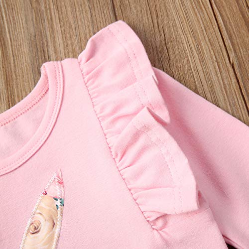 Newborn Baby Girls Easter Outfit Long Sleeve Bunny Print Romper + Floral Pants + Bow Headband 3pcs Set (Light Pink, 6-12m)