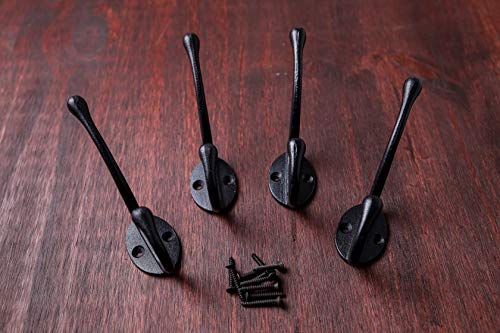Craftsman Road Vintage Cast Iron Wall Hooks (Black Texture Finish, Set of 4) - Rustic, Farmhouse Coat Hooks | Great for Coats, Bags, Towels, Hats | Classic Slender