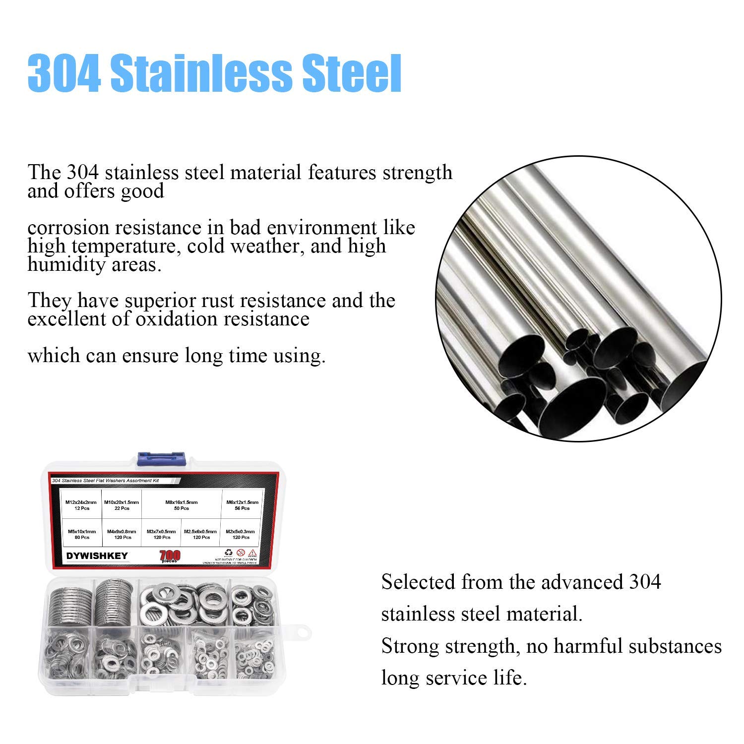 DYWISHKEY 700 Pieces 9 Sizes Stainless Steel Flat Washers Assortment Kit (M2 M2.5 M3 M4 M5 M6 M8 M10 M12)