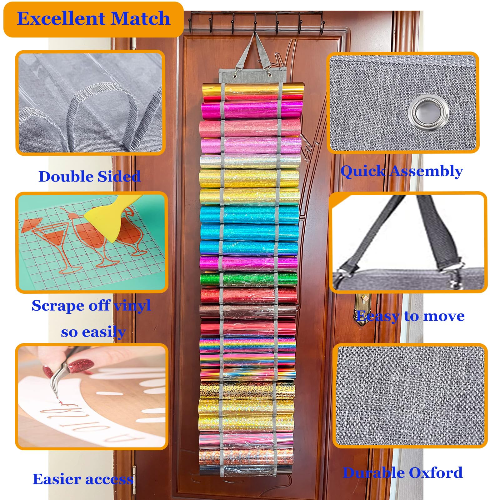 Amremsu 48 Compartments Vinyl Roll Storage, Vinyl Roll Holder Vinyl Organizer, Vinyl Storage Rack Wall Mount/Over The Door for Craft Room Organizers and Storage Lengthened(gray)