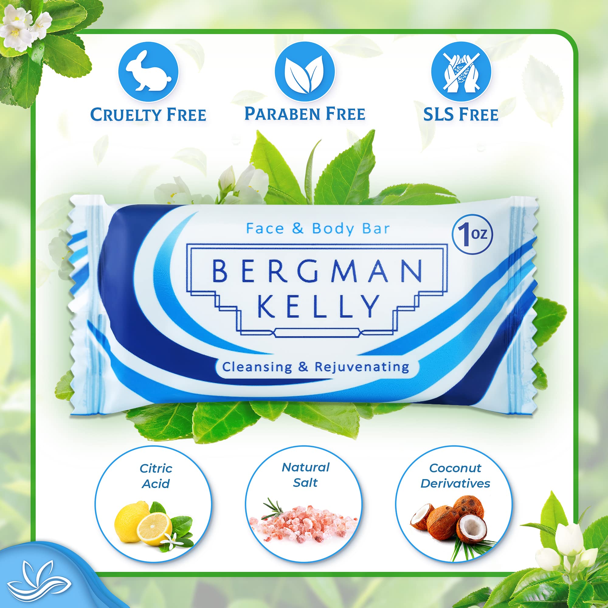 Bergman Kelly - Hotel Soap Bars - White Tea, 1 oz, 100 PK - Travel Size Luxury Bulk Amenities Bar Soap - Mini Individually Wrapped Rectangular Soap, Small Toiletries for Airbnb, Motel, Guest Bath