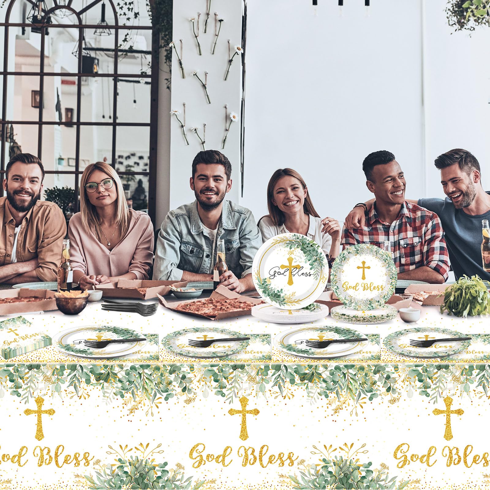 98pcs God Bless Plates Baptism Tableware First Holy Communion Mi Bautizo Disposable Tableware Set with Plates Napkins Tablecloth for Newborn Baby Shower Party Christening Religious Party Decorations