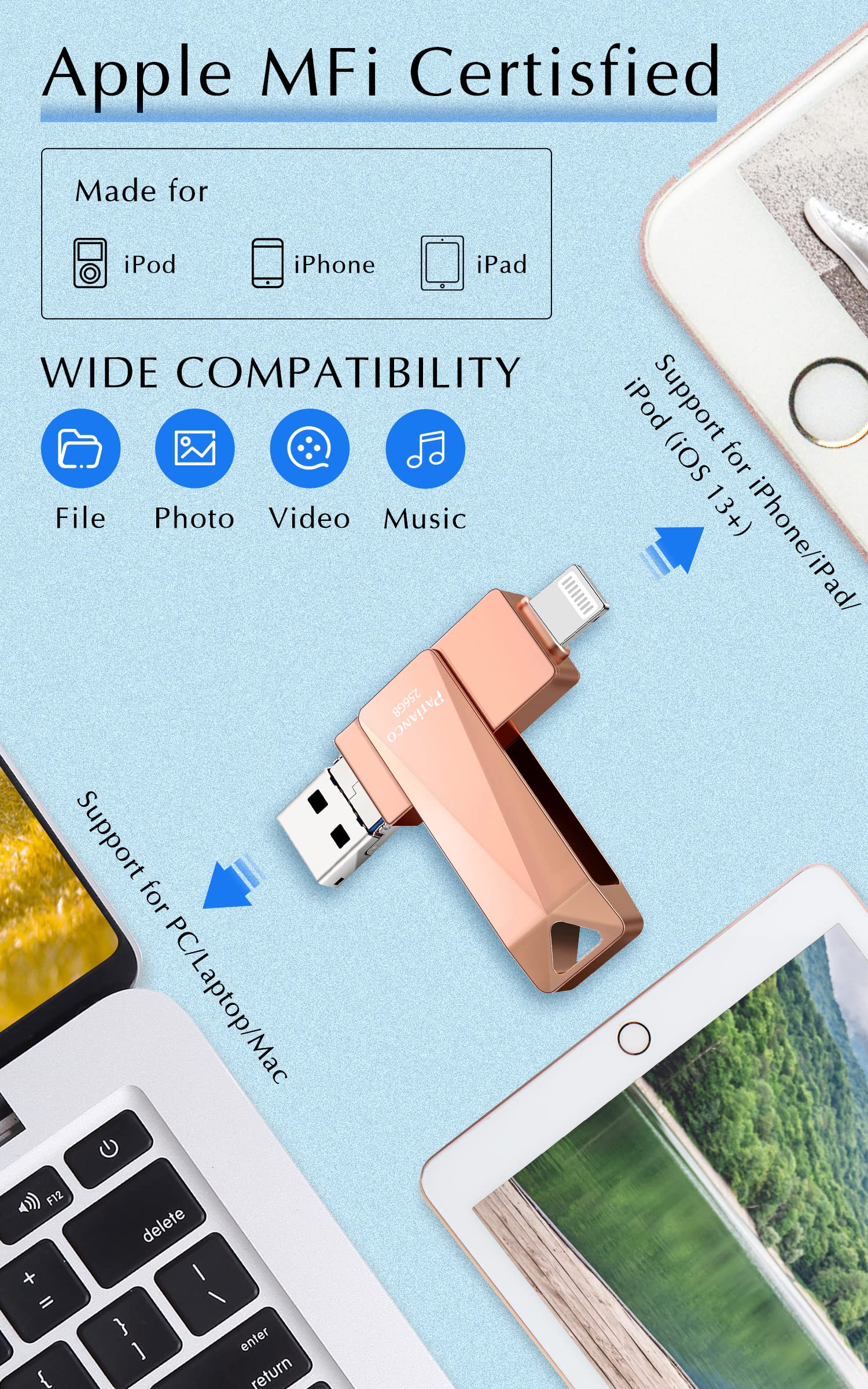 256GB Photo-Stick-for-iPhone, Apple MFi Cetified USB Flash Drive for iPhone Thumb Drive,iPhone-Memory-Stick for iPad/iPhone/Computer Picture Keeper Portable Hard Drive,Pink