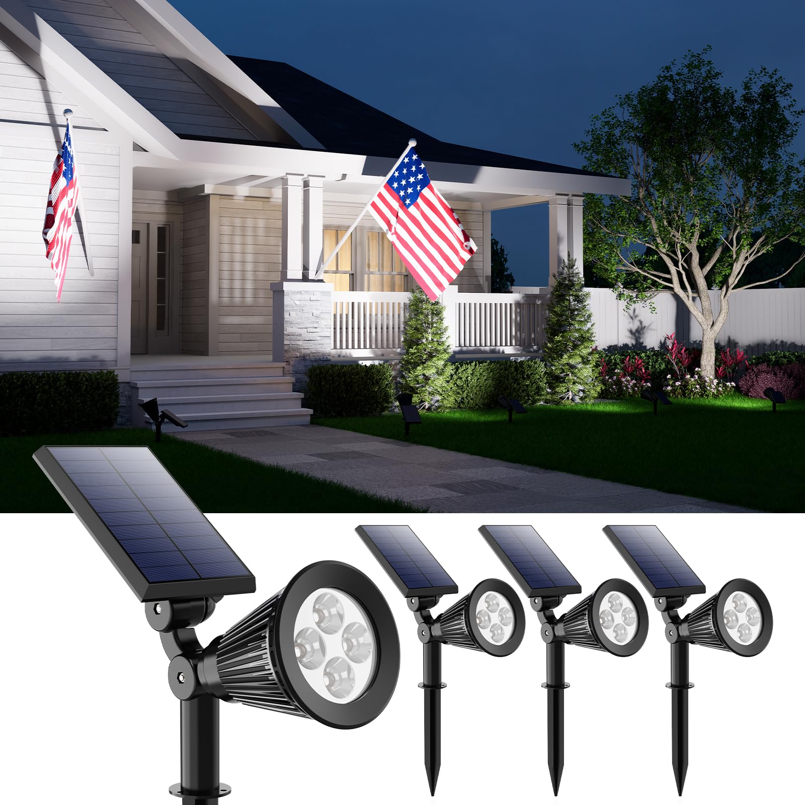 4 Pack Solar Powered Spot Lights Outdoor Waterproof LED Outside Landscape Spotlights Lighting for Trees, Flag, Plant, Wall, Yard, Garden, Backyard, House, Pathway, Adjustable Auto On/Off Uplighting