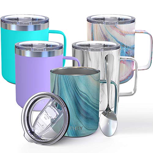 THILY Vacuum Insulated Travel Coffee Mug 12 oz Triple-Insulated Stainless Steel Coffee Cup with Handle, Spill-Proof Lid, Lightweight, Keeps Drinks Hot for Hours, Blue Swirl