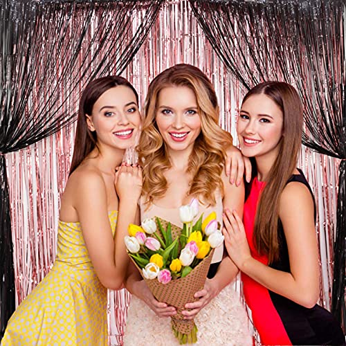 4 Packs 2 Black and 2 Rose Gold Foil Fringe Curtains, 3.2 ft x 8.2 ft Tinsel Curtains with Adhesive, Photo Booth Backdrop for Birthday, Graduation Party Decorations (Black and Rose Gold, 4pcs)