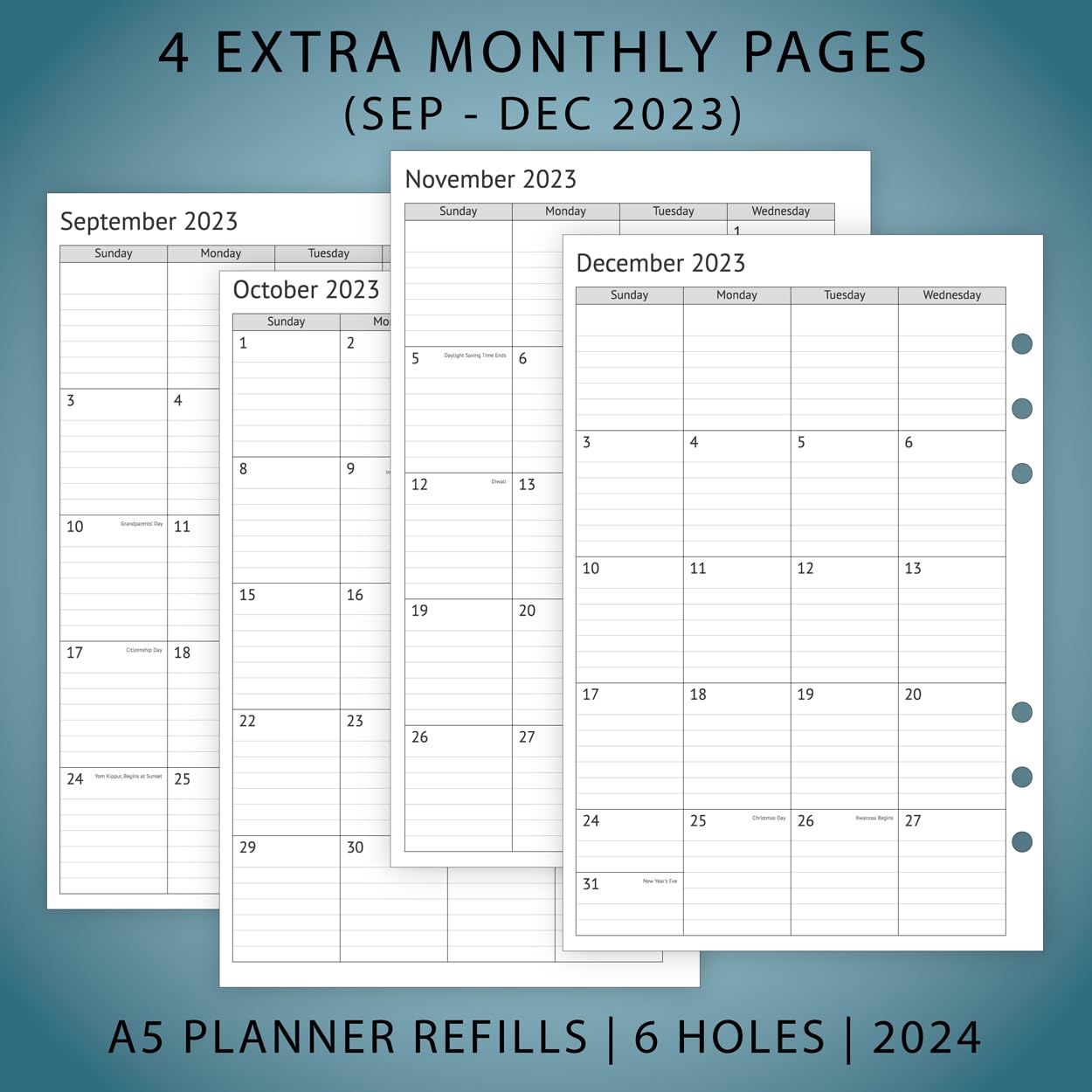 2024 Planner Refills - Weekly and Monthly Appointment Book Inserts, Tabbed, 6 Holes, A5 Size