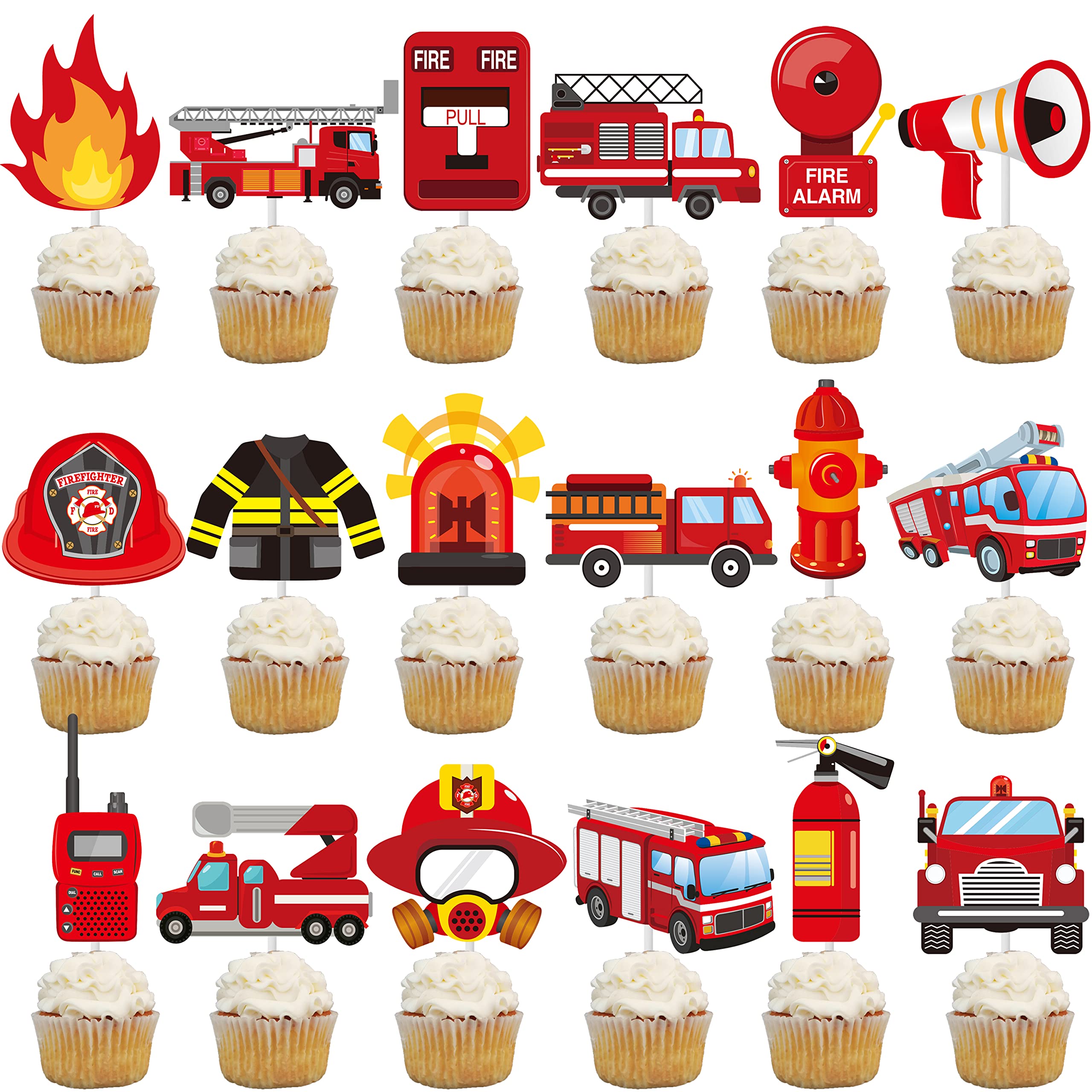 36pcs Fire Truck Party Cupcake Toppers Firefighter Baby Shower Decoration Fireman Themed Birthday Party Supplies Fire Engine Rescue Bday Cupcake Pick Decorations