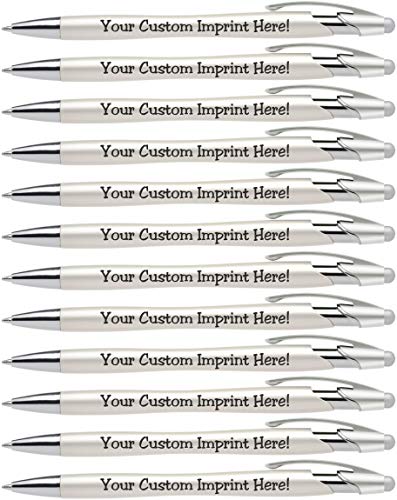 Express Pencils Custom Pens with Stylus - The Pearl - Personalized Metallic Printed Name Pens with Black Ink - Imprinted with Logo or Message - Great Gift Ideas - FREE PERSONALIZATION 12 pack (Silver)