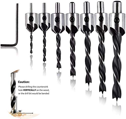 Countersink Drill Bit, Golden^Li 7 PCS 3-10mm HSS Woodworking Drill Bits Set Chamfering Counter Bits with One Hex-Key, Adjustable Carpentry Reamer Plated Perfect for Plastic Metal Wood DIY