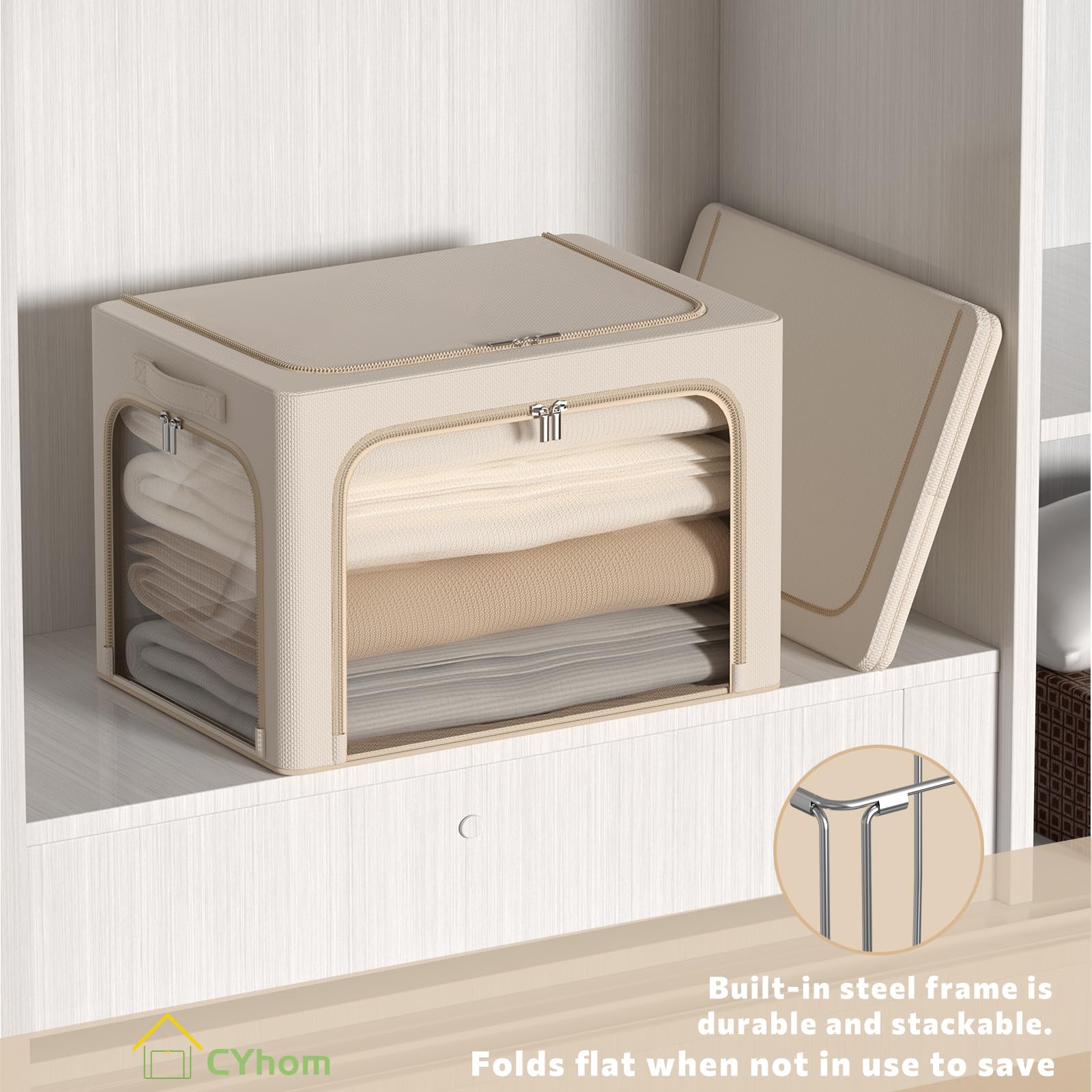3Pack Clothes Storage Bins - Oxford Frame Storage Box Foldable Stackable Storage Organizer with 3 Openings Design, Metal Frame, Clear Window, Carry Handles (36L-15.7 * 11.8 * 11.8in, Dark Gray)
